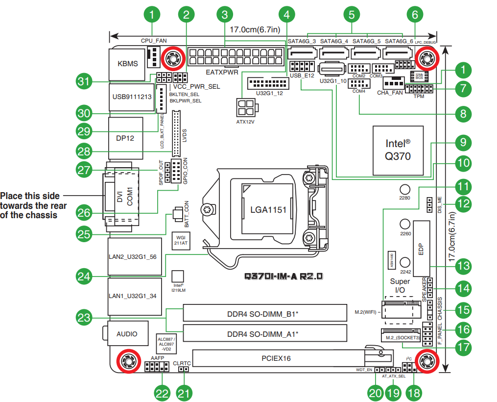 [산업용 MB] ASUS Q370I-IM-A R2.0 (인텔Q370, MINI-ITX) 레이아웃 및 퀵 레퍼런스
